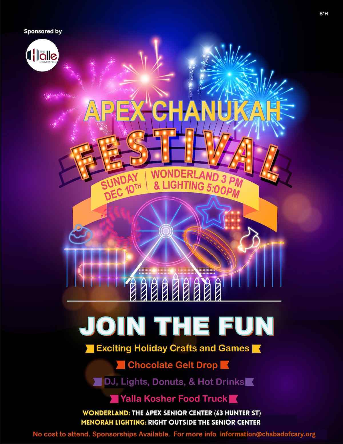 Apex Chanukah Festival Dec 10 - Gelt drop, fire show, crafts, more ...
