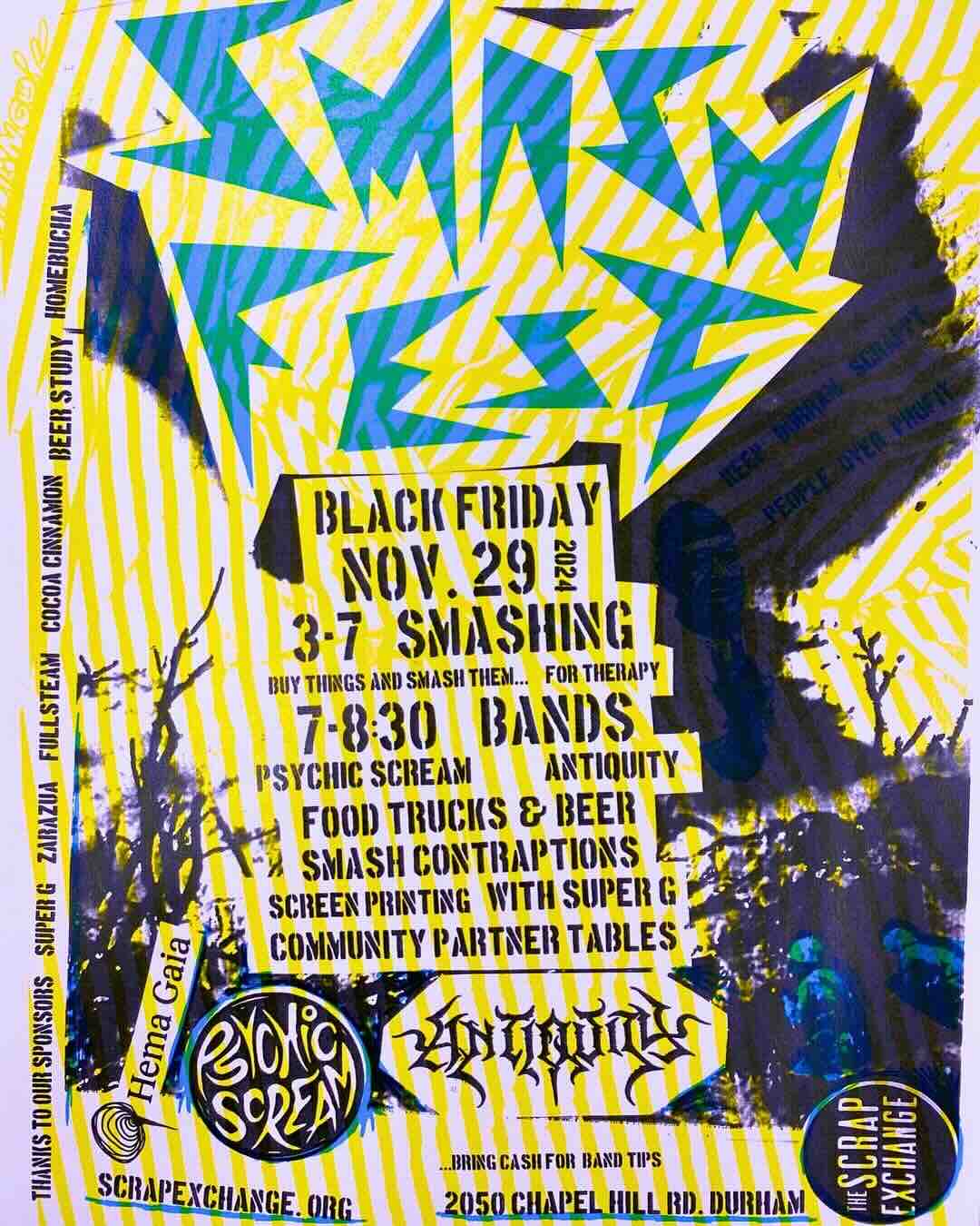 Smashfest Returns at The Scrap Exchange Nov 29 - smash stuff, listen to live bands, more ...