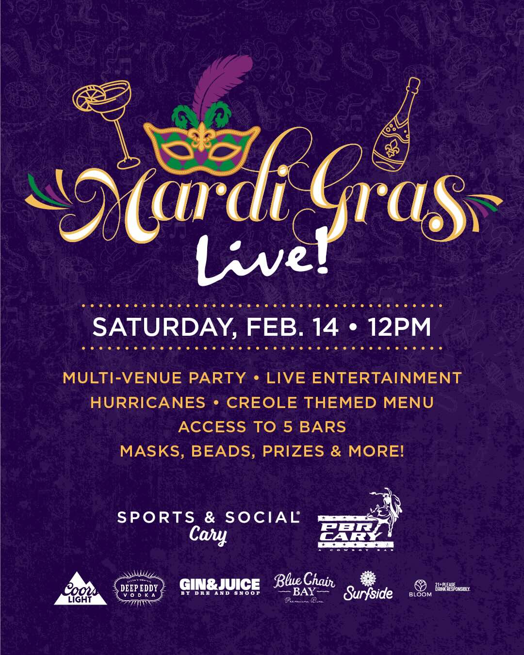 Mardi Gras Live at Sports & Social in Cary Feb. 14 - Triangle on the Cheap